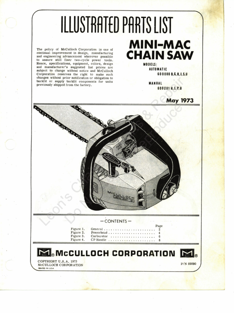 Mcculloch Mini Mac Chainsaw Ipl 89090 May 1973 | PDF