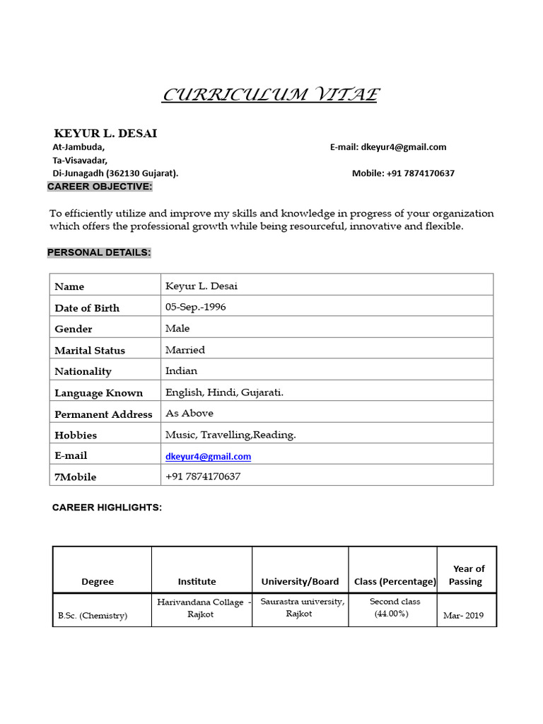 D Keyur Desai CV Bsc Chemistry | PDF