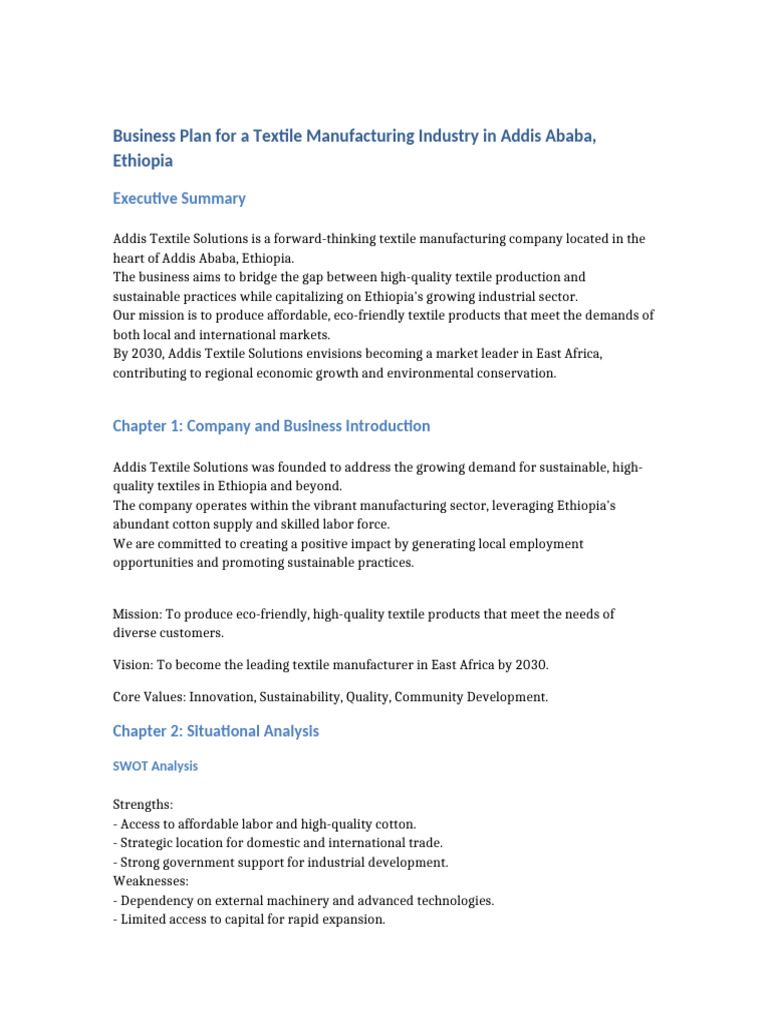 Expanded Business Plan Textile Manufacturing Addis Ababa-1 | PDF ...