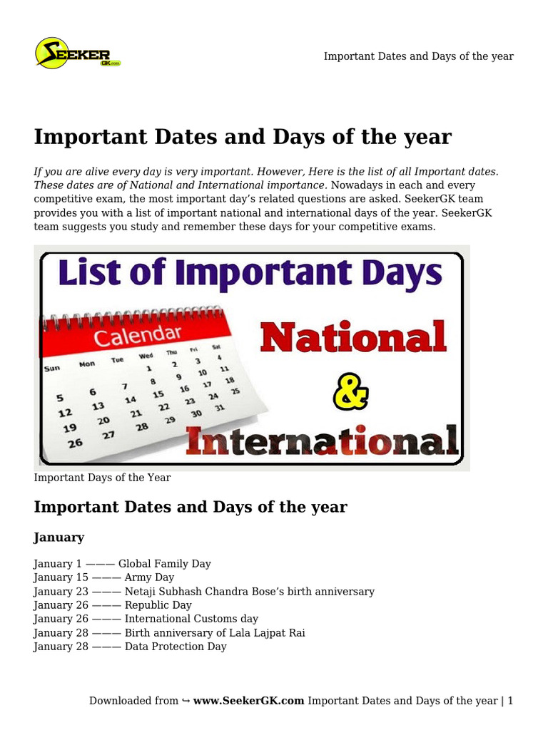 Important Dates and Days of The Year | PDF | Human Rights | Unfree Labour
