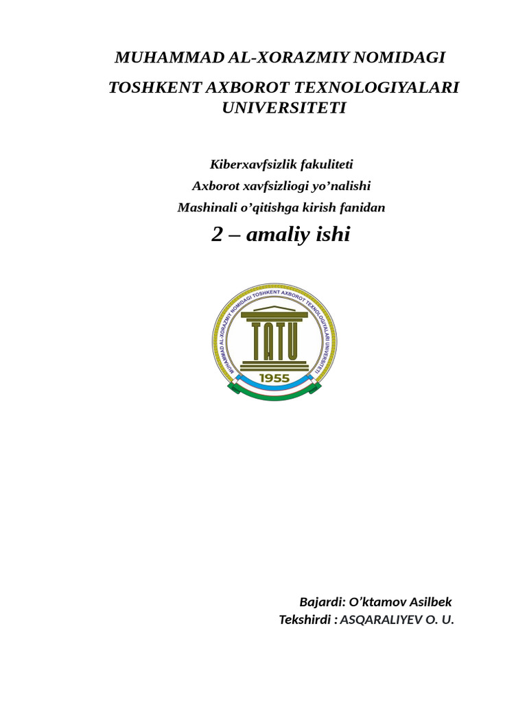 2-Amaliy Ish. Mashinali o'Qitishga Kirish. | PDF