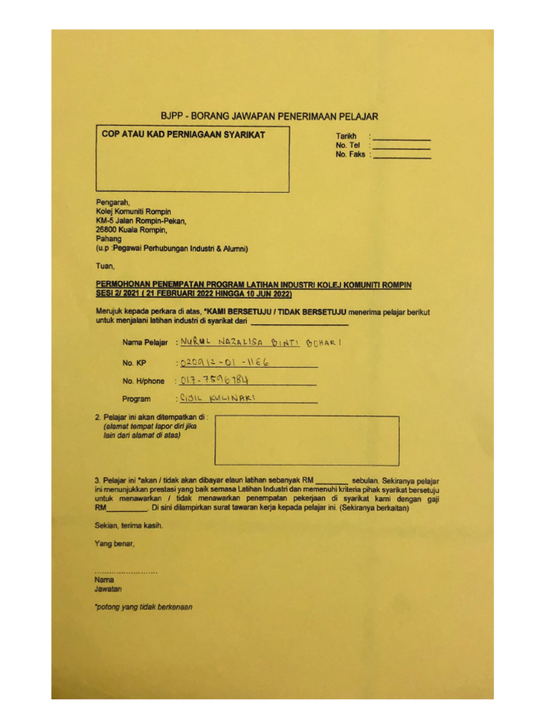 BJPP - Borang Jawapan Penerimaan Pelajar | PDF