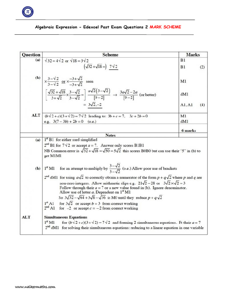 Algebraic Expressions 2 MARK SCHEME Copie | PDF