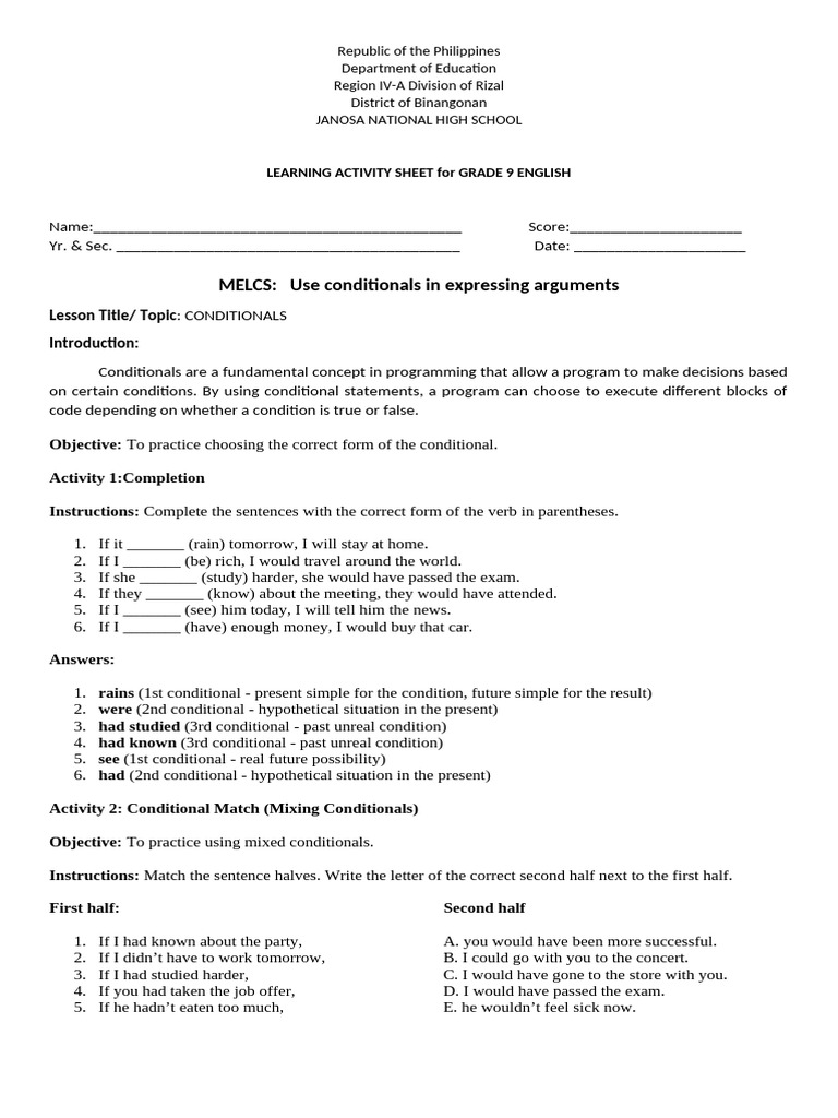 Activities AND eNHANCEMENT For G9 | PDF | Grammar