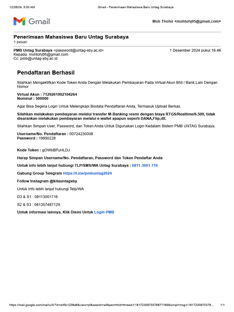 Gmail - Penerimaan Mahasiswa Baru Untag Surabaya | PDF