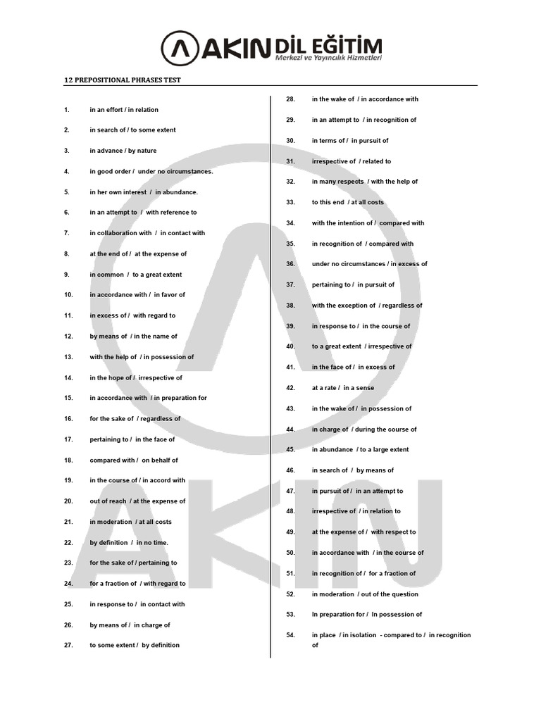 Prepositional Phrases Practice Test | PDF | Preposition And ...