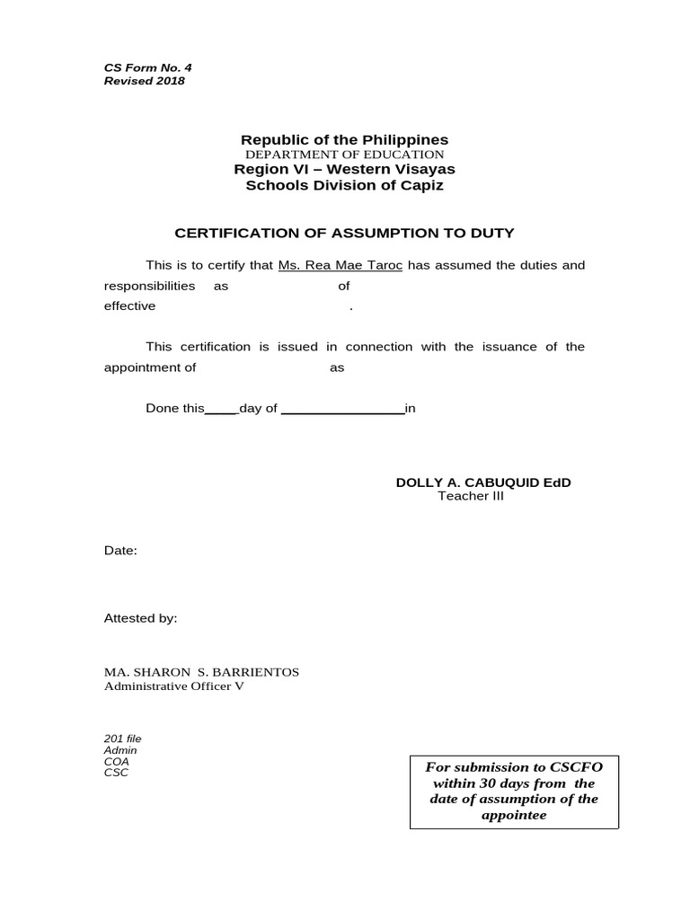 Certification of Assumption To DutyCS Form No. 4 Series of 2018 (LONG ...