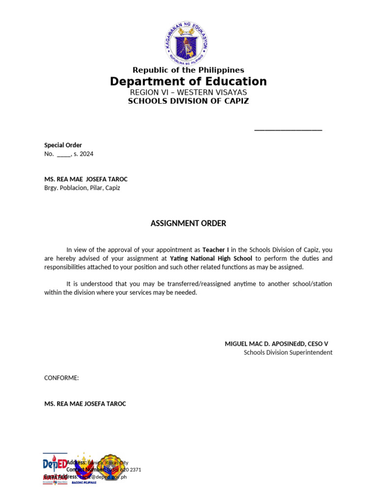Teacher Assignment Notification | PDF