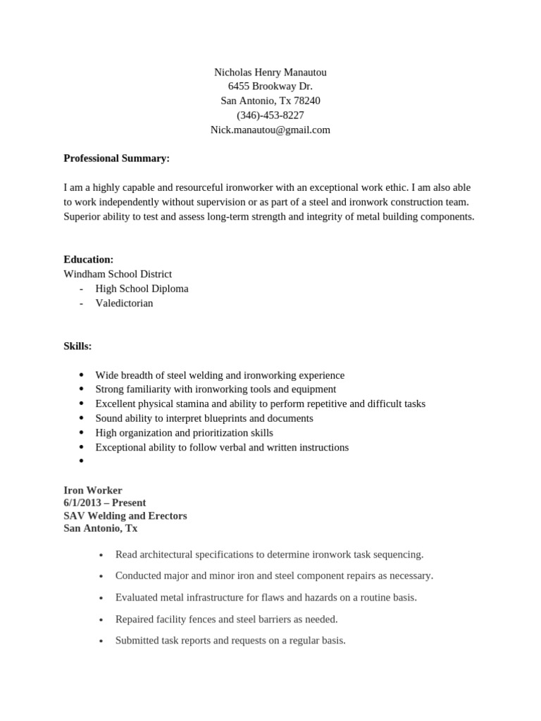Skilled Ironworker Resume Summary | PDF