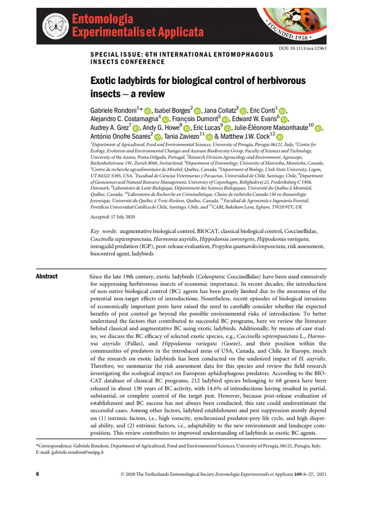 Entomologia Exp Applicata - 2020 - Rondoni - Exotic Ladybirds For Biological Control of ...