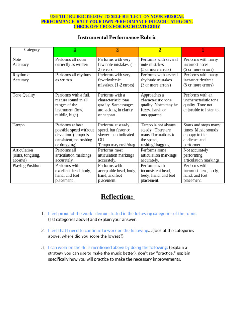 Instrumental Performance Rubric: Reflection | PDF | Rhythm | Tempo