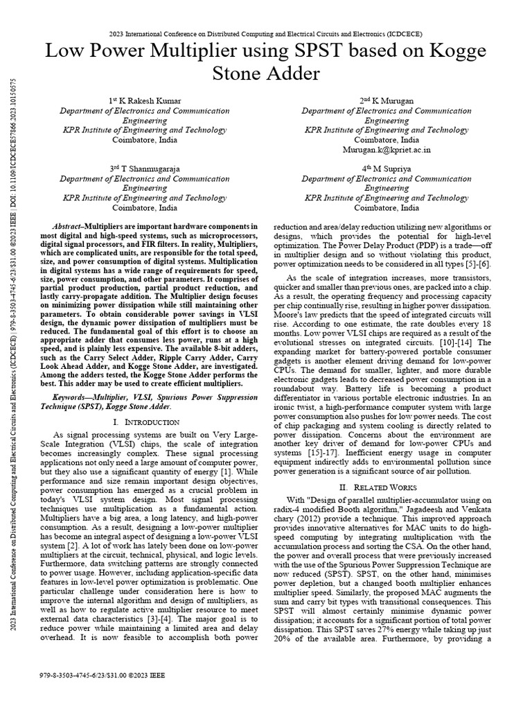 Low Power Multiplier Using SPST Based On Kogge Stone Adder | PDF ...
