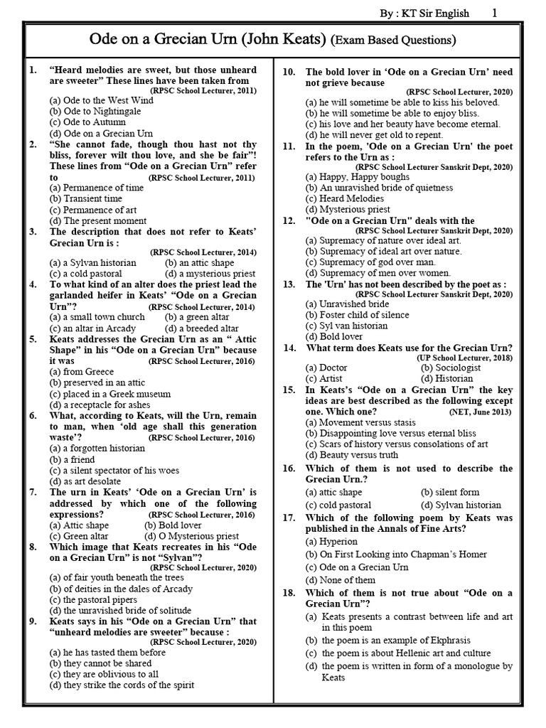 10. Ode on a Grecian Urn - Questions | PDF | Poems | Poetry