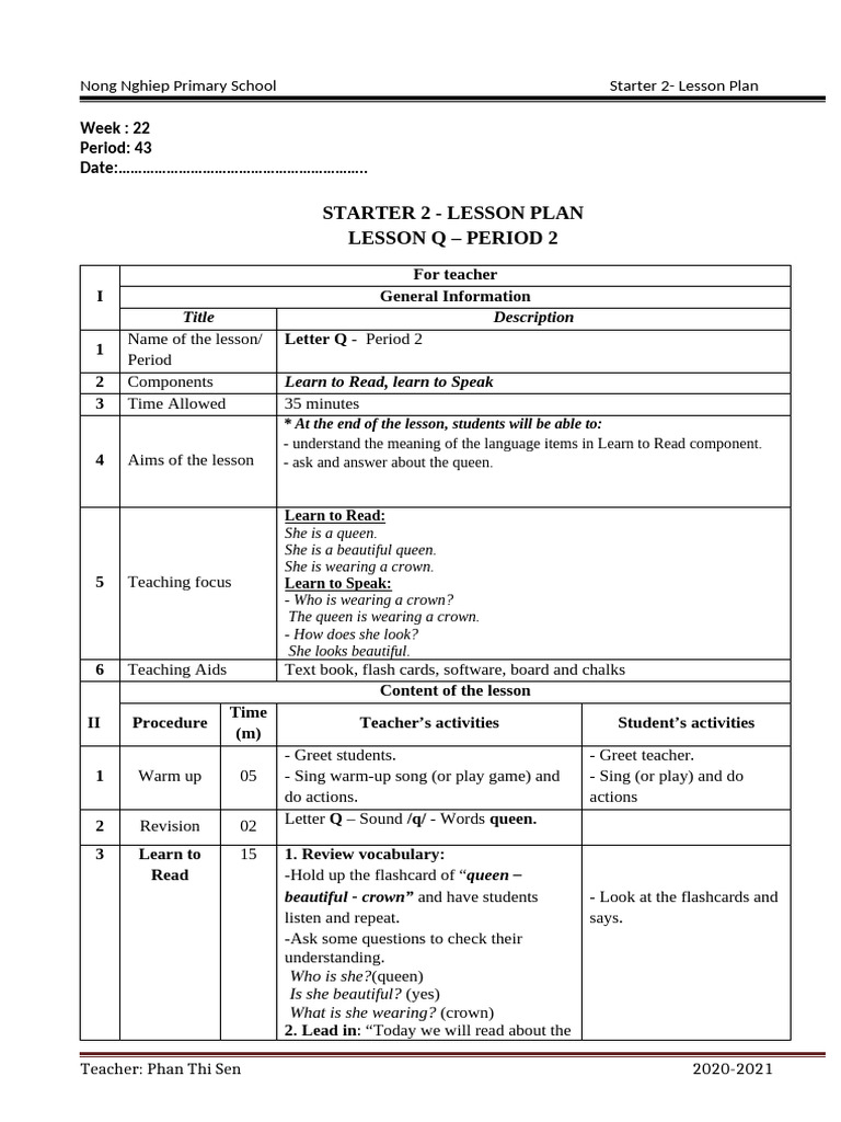 Lesson Planstarter 2 Lesson qp2 73202114 | PDF | Linguistics | Learning