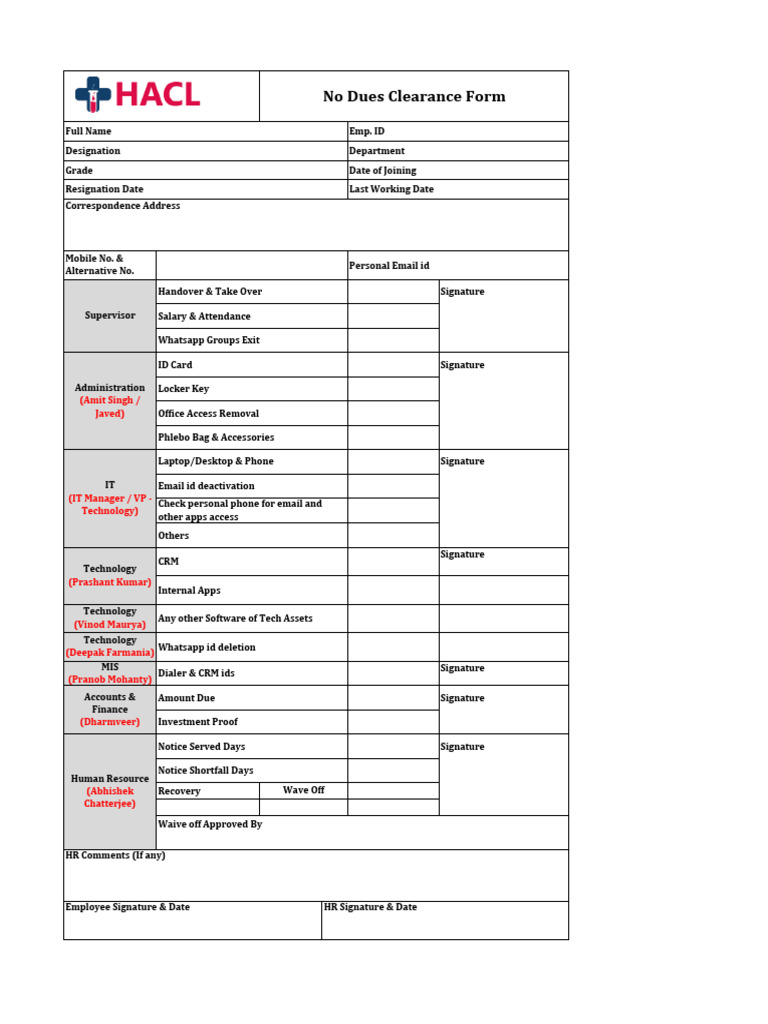 Employee Exit Checklist HACL | PDF