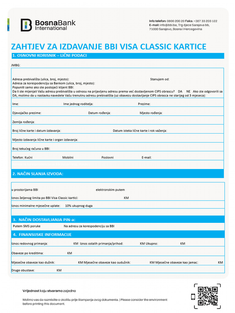 Bbi Zahtjev Za Izdavanje Bbi Visa Classic Kartice 21 03 2024 - 2 | PDF