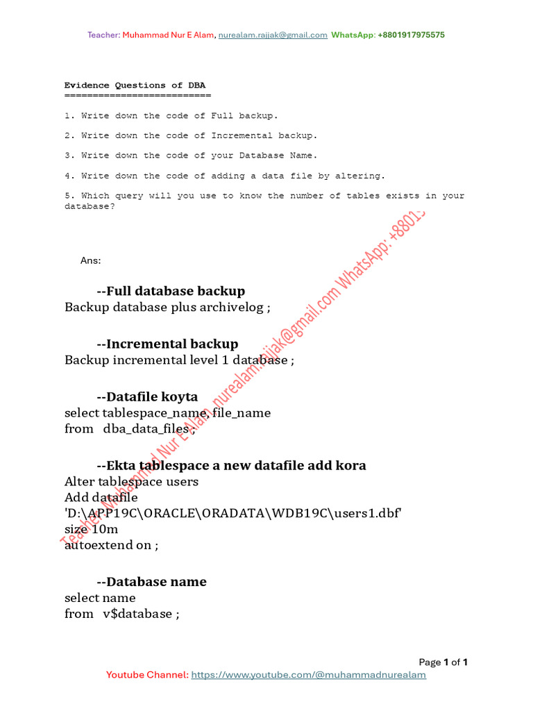 Evidence Questions Ans From Muhammad Nur E Alam For DBA For DDD | PDF