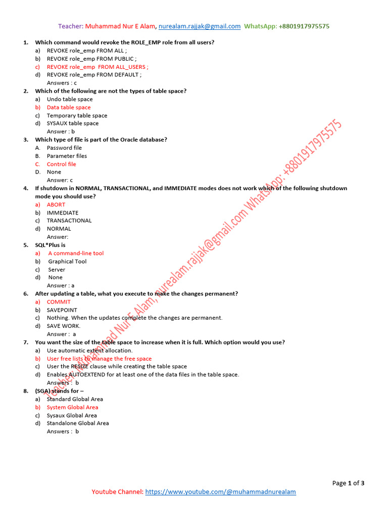 DBA MCQ (MCQ 20 +des 5) From Muhammad Nur E Alam For DBA For Students | PDF | Databases ...