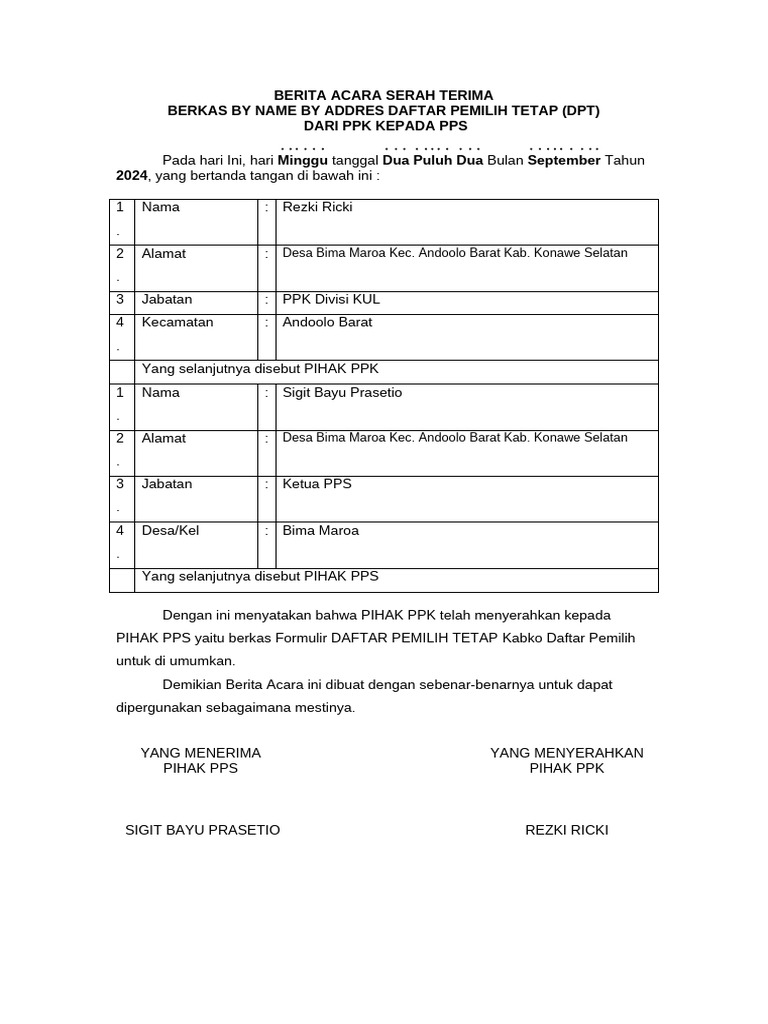BERITA ACARA SERAH TERIMA Berkas DPS DR PPK Ke PPS | PDF