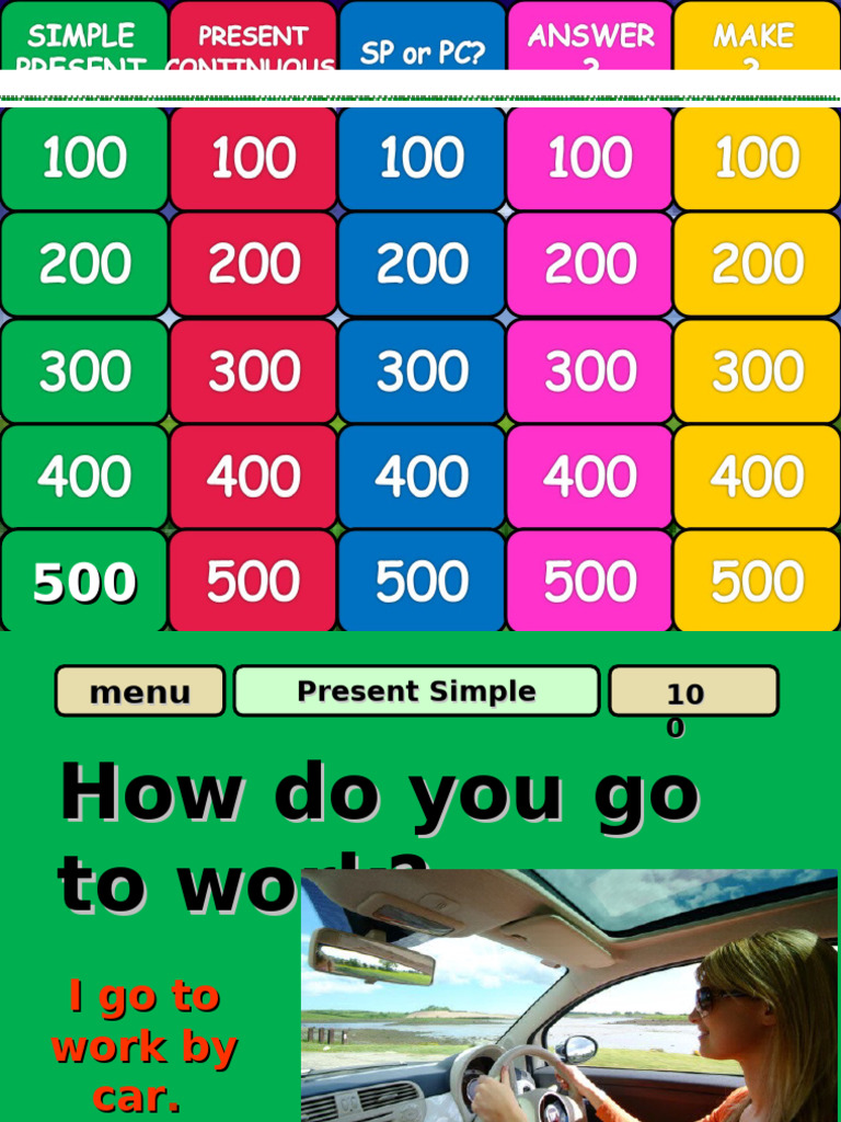 Jeopardy Simple Present - Present Continuous | PDF | Cuisine | Meal