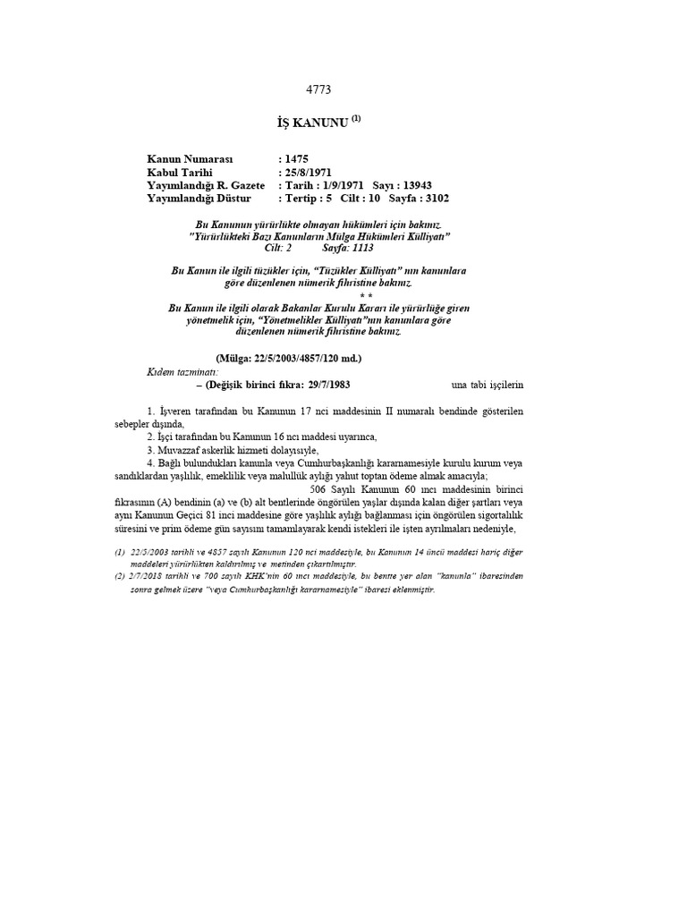 1475 Sayılı Kanun Kıdem Tazminatı Hükümleri | PDF