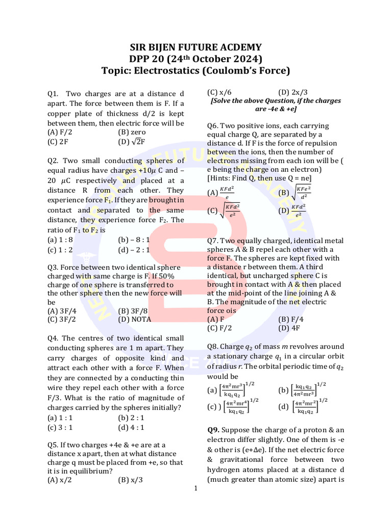 DPP 20 - Electrostatics (Coulomb's Force) | PDF | Force | Physical Sciences