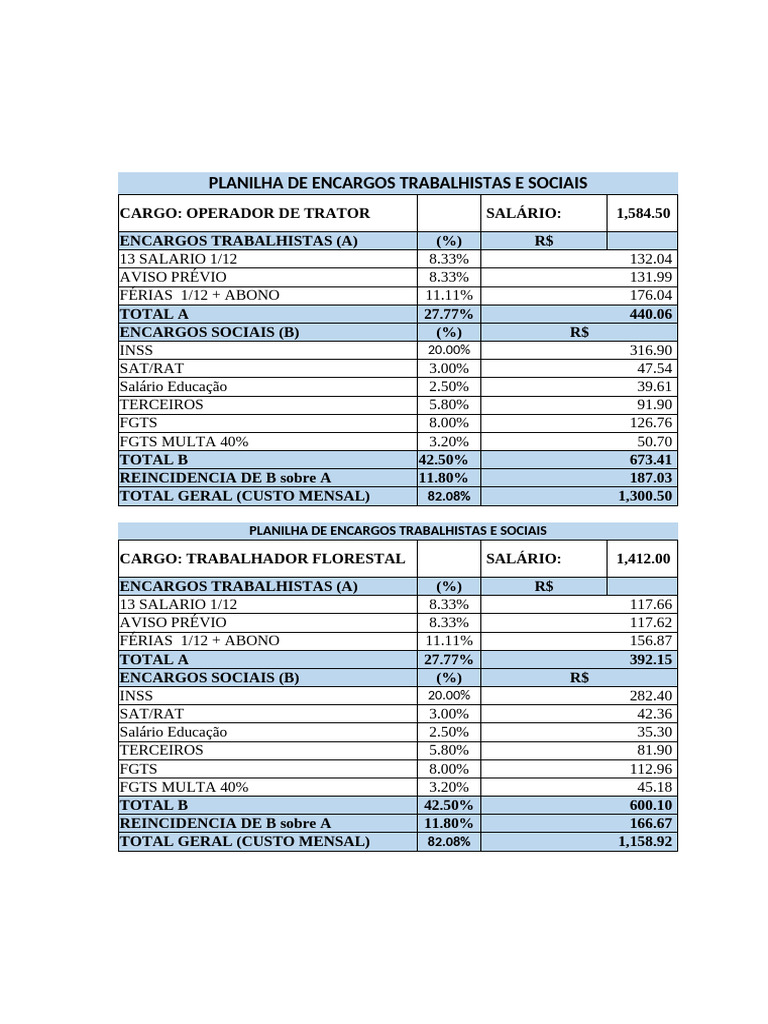 Planilha de Encargos Trabalhistas e Sociais | PDF