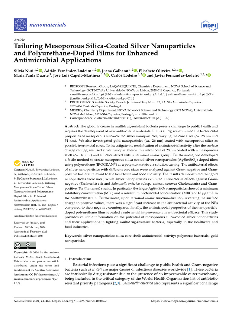 Tailoring Mesoporous Silica-Coated Silver Nanoparticles and Polyurethane-Doped Films For ...