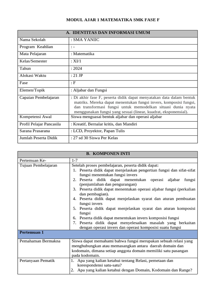 Modul Ajar 1 Matematika Sma Fase F | PDF