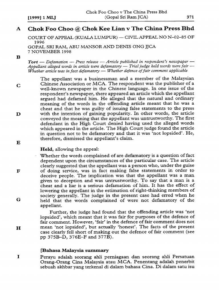 CHOK FOO CHOO @ CHOK KEE LIAN v THE CHINA PRESS BHD | PDF
