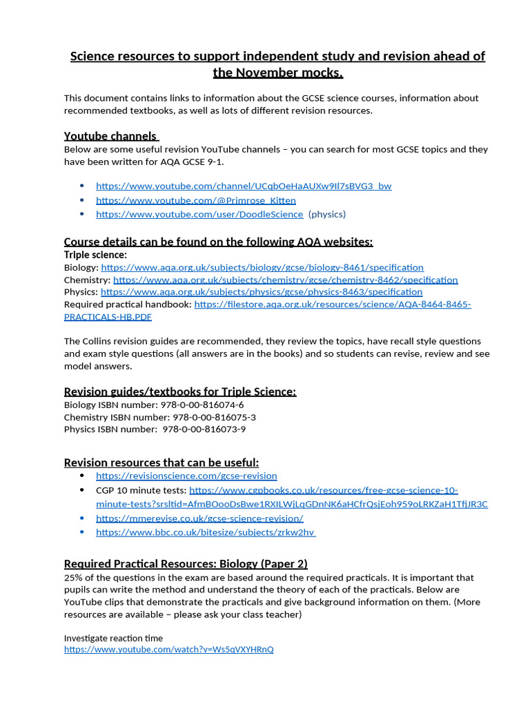 Triple Science Revision Info Nov Mocks | PDF | Ion | Chlorine