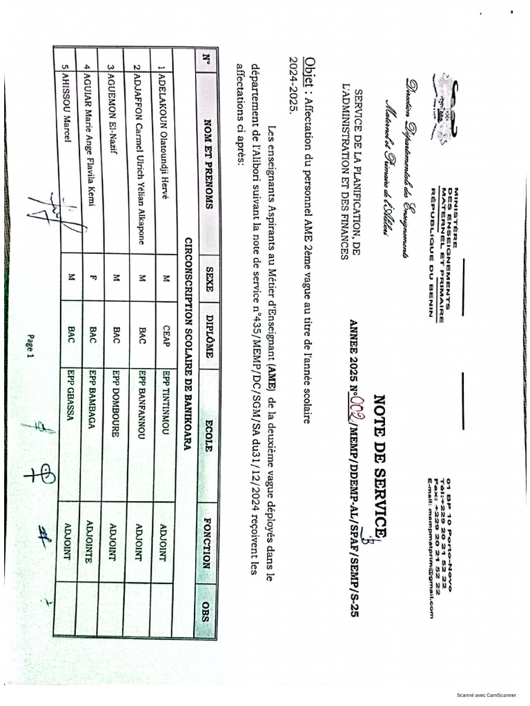 Note de Service Portant Affectation AME 2eme Vague Au Titre de 2024-2025 Du Département de L ...