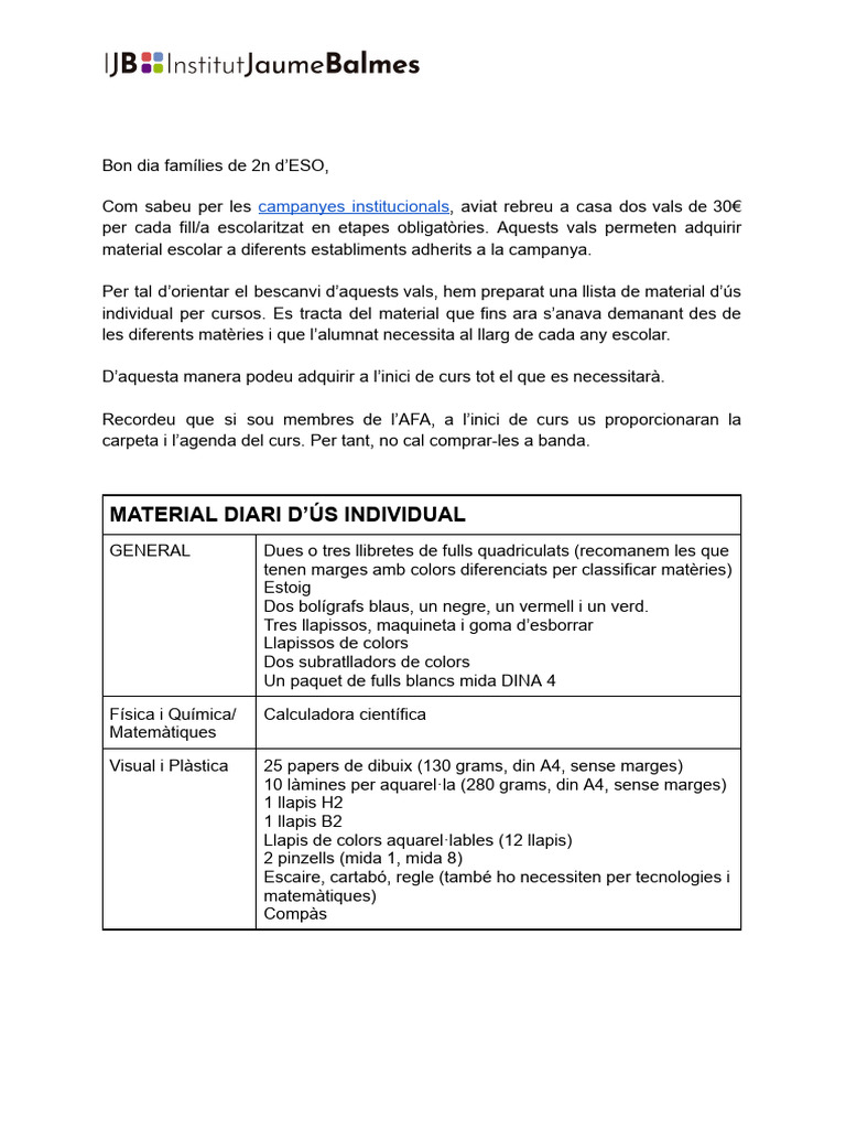 2n ESO Recomanacions Compra Material VAL ESCOLAR | PDF