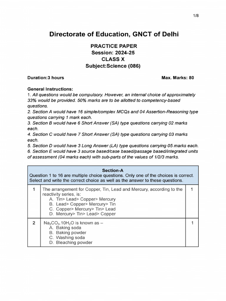 Science Practice Paper DOE 2024-25 With Solution by Shelendra | PDF