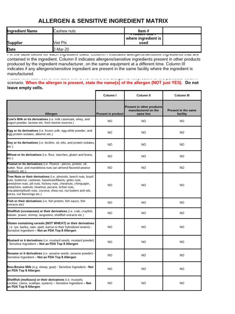 Allergen Matrix - Cashews (Viet Phi) | PDF | Nut (Fruit) | Shellfish