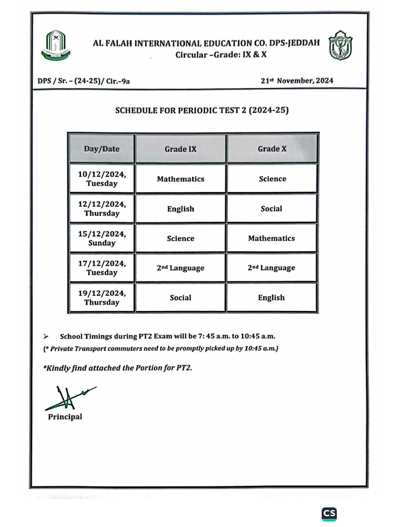 Schedule PT2 (2024-25) GR 9&10 | PDF