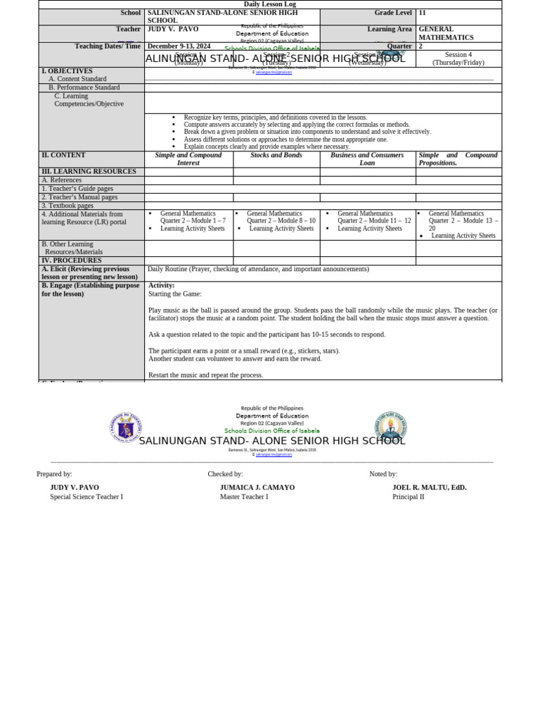 Week9q2 DLL GenMath (Review) | PDF | Mathematics | Learning