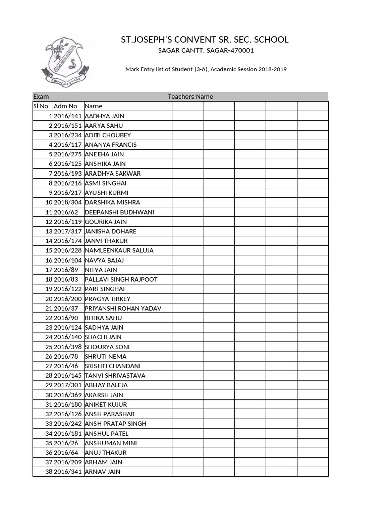 Student Mark Entry List 3-A 2018-19 | PDF