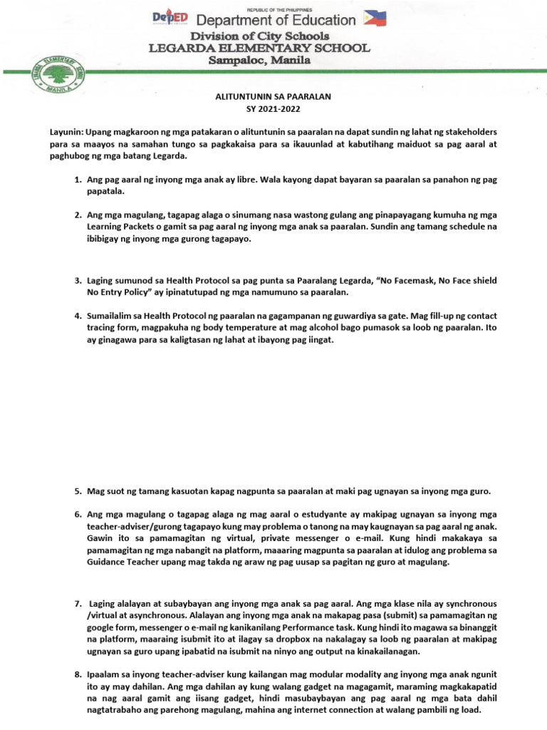 Alituntunin Sa Paaralan | PDF