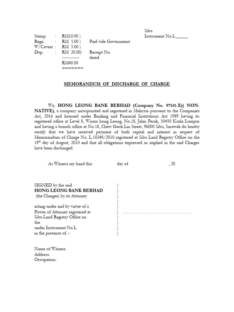 Memorandum of Discharge - Hong Leong Bank | PDF