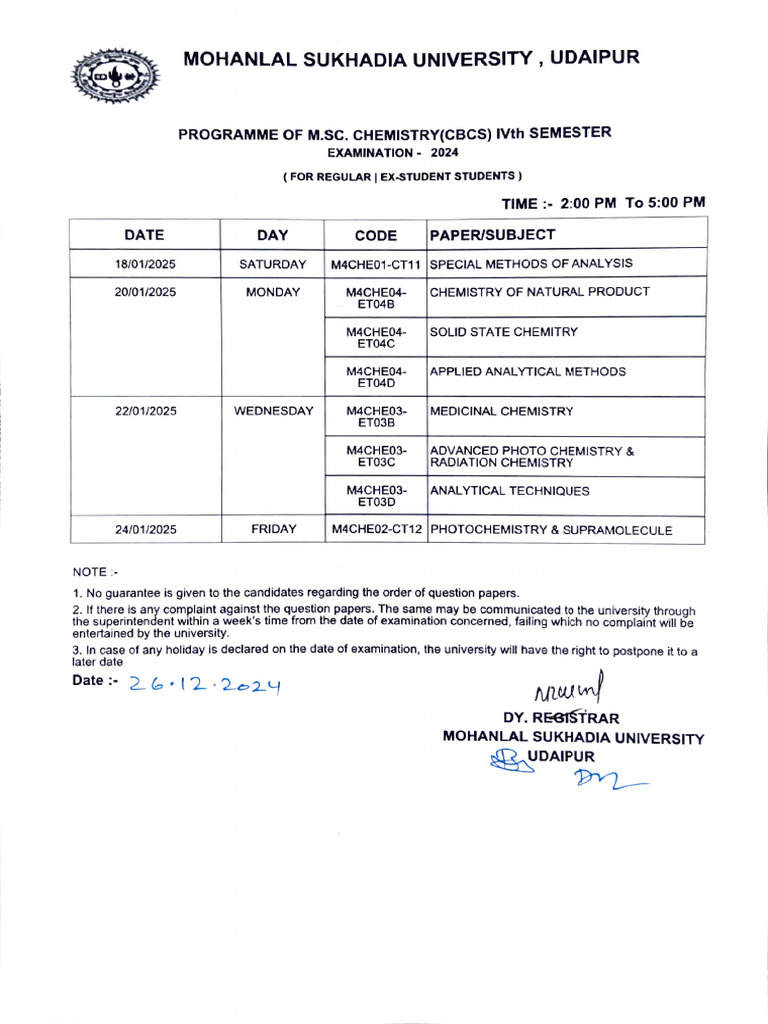 Time Table of M.Sc. Chemistry (CBCS) IVth Semester Examination 2024 (For Regular, Ex-Student) | PDF