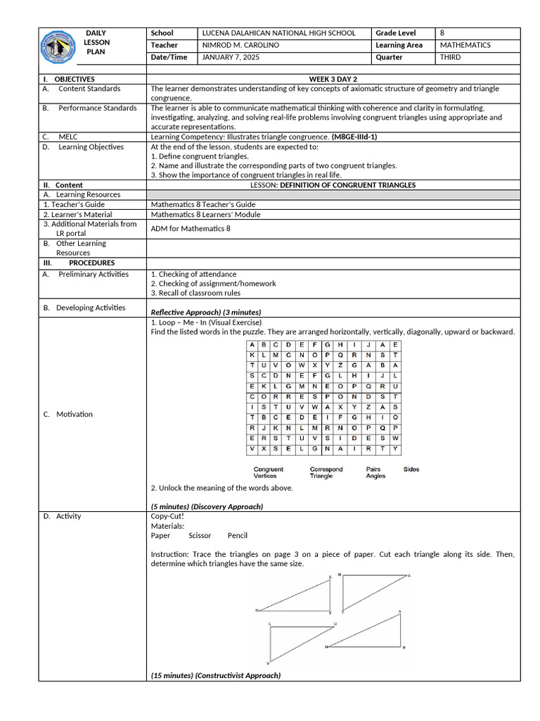 DLP - Q3 - Melc37 - W3 - D2illustrate Triangle Congruence | PDF | Classical Geometry | Euclid