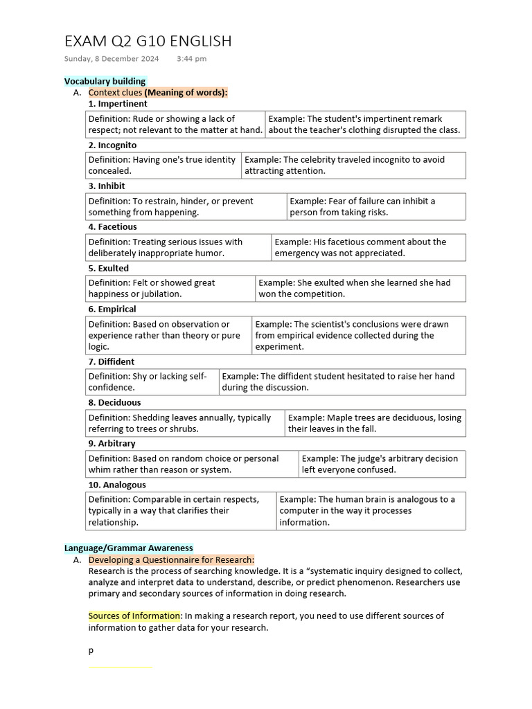 Vocabulary and Research Skills Guide | PDF | Argument | Questionnaire