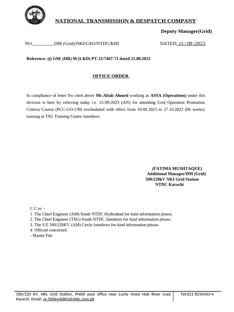Aftab Ahmed Releciving Order | PDF