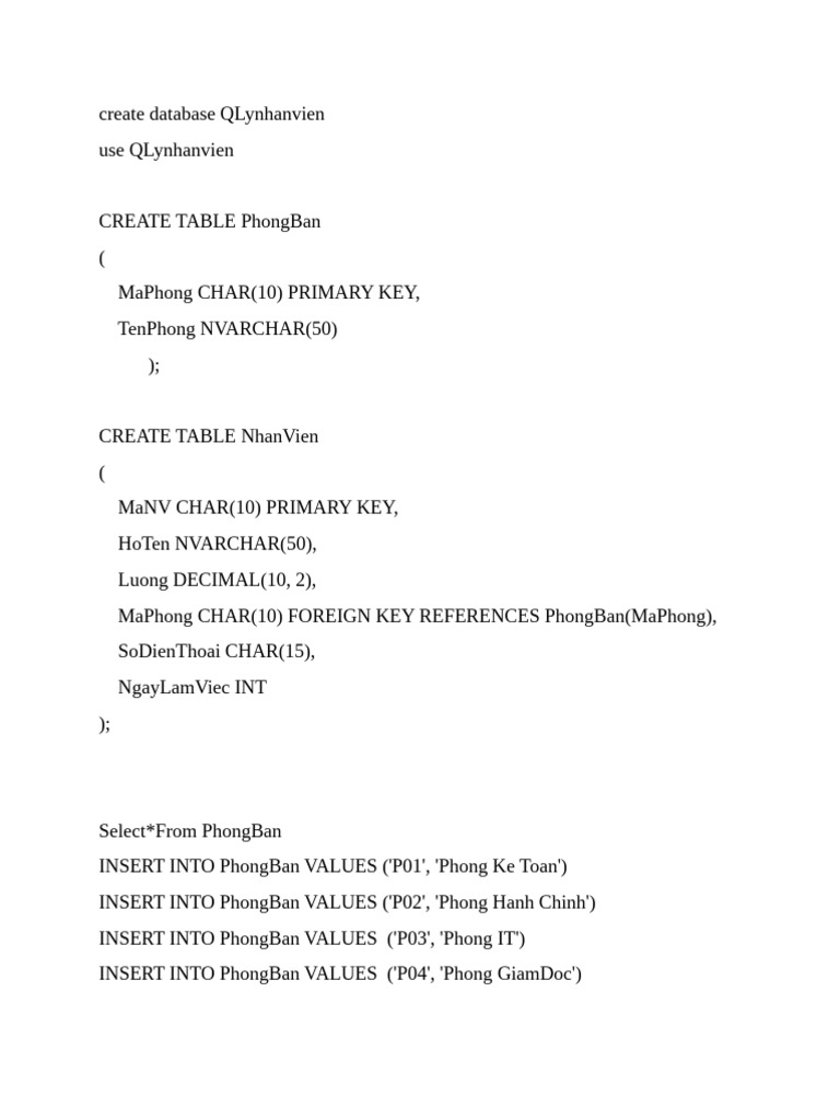 Create Database QLynhanvien | PDF