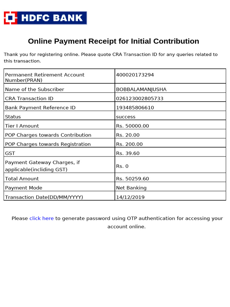 National Pension Scheme NPS Receipt | PDF