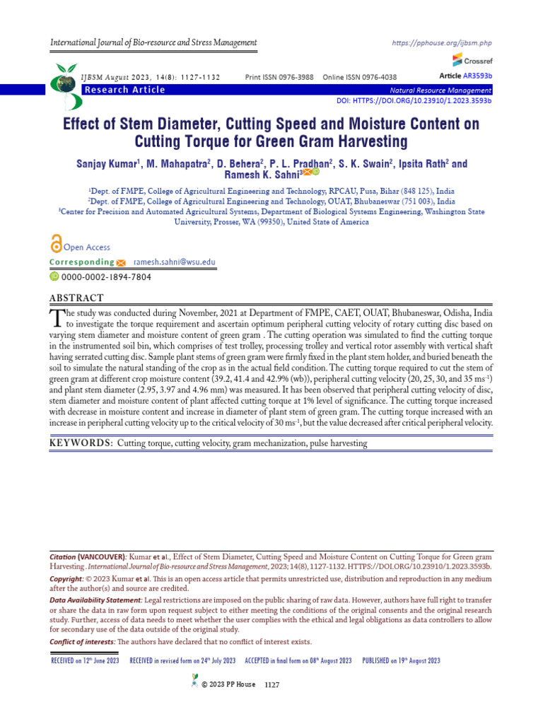 Effect of Stem Diameter, Cutting Speed and Moisture Content On | PDF ...