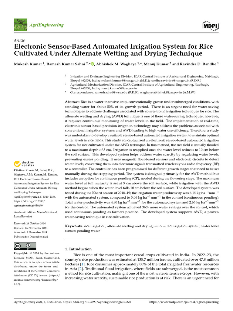 Electronic Sensor-Based Automated Irrigation System For Rice Cultivated ...