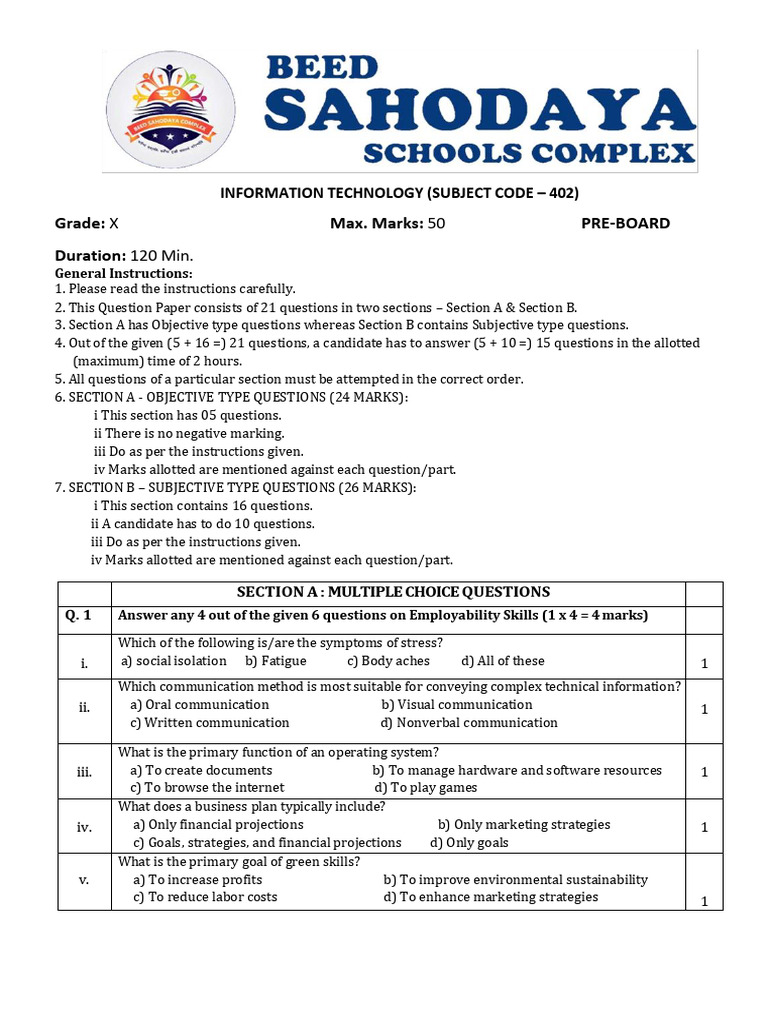 402-Information - Technology PRELIM Sahodaya | PDF | Databases | Software