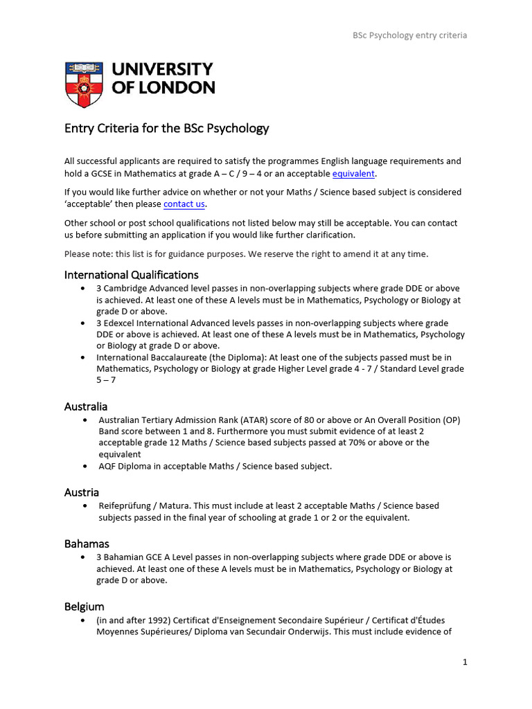 BSc Psychology Entry Requirements | PDF | Educational Stages ...